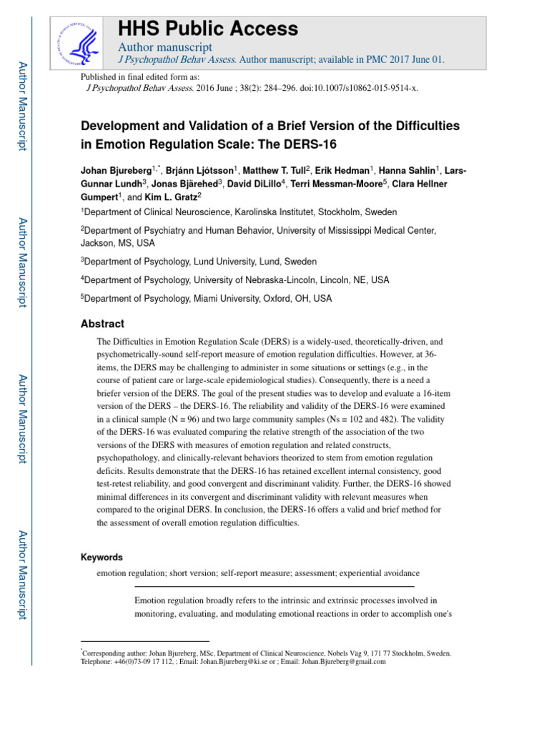 DERS-16 Jurnal (Bjureberg DKK, 2016) | PDF | Emotional Self Regulation ...