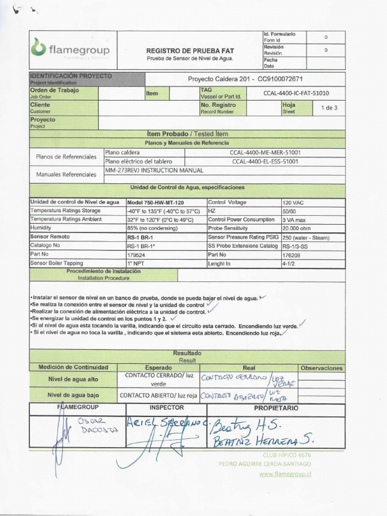 CCAL-4400-IC-FAT-51010 Registro de Prueba FAT Sensor de Nivel de Agua | PDF