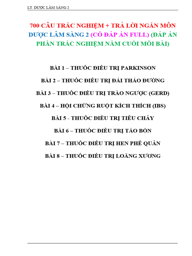 (123doc) 700 Cau Trac Nghiem Tra Loi Ngan Mon Duoc Lam Sang 2 Theo Bai Co Dap An Full | PDF