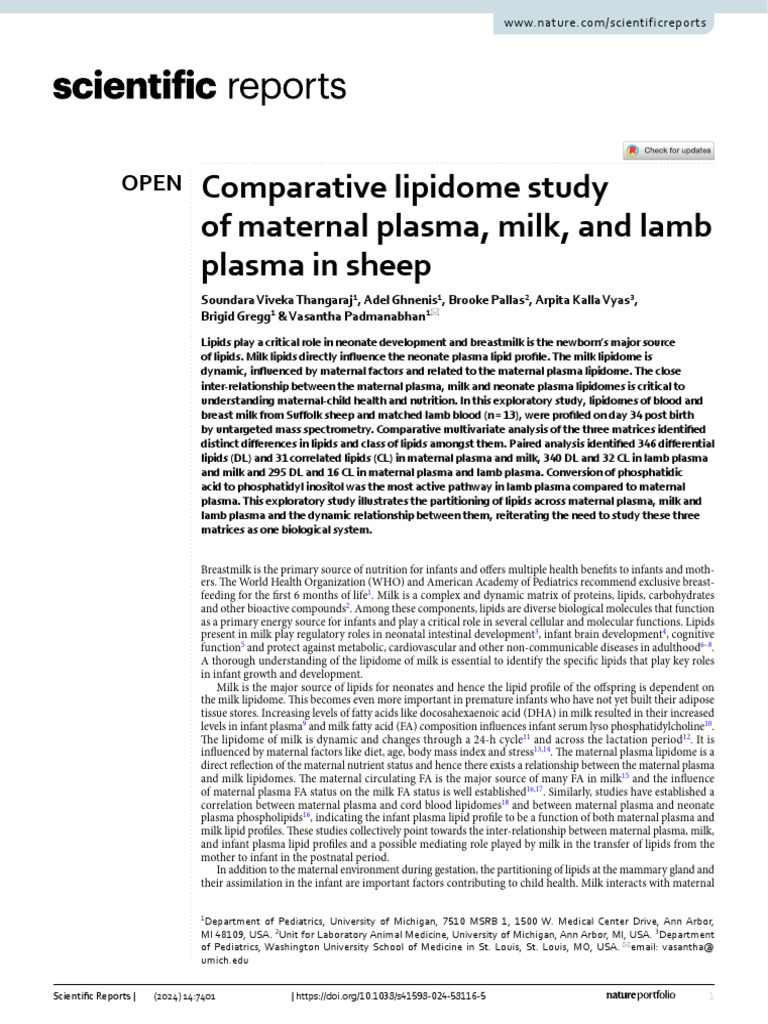 Comparative Lipidome Study of Maternal Plasma, Milk, and Lamb Plasma in ...