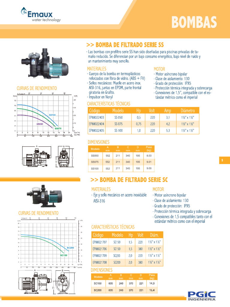 Ficha Técnica Bomba Piscina EMAUX SS SC GPA | PDF