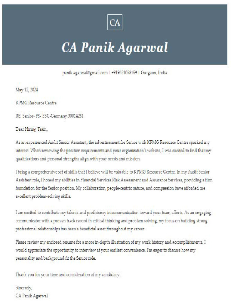 CA Panik Agarwal Cover Letter | PDF