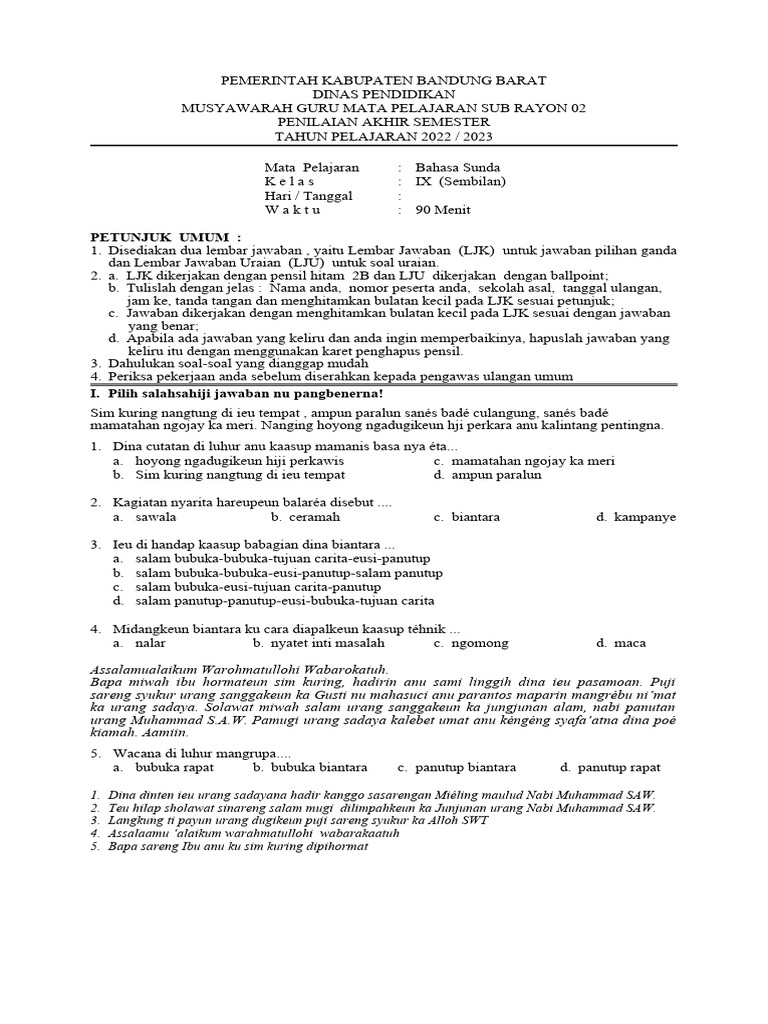 Soal Pas B. Sunda Kelas Ix SMT Ganjil Tapel 20222023 | PDF