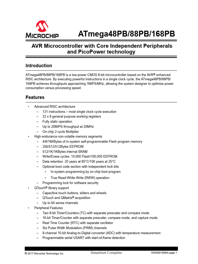 Atmega48Pb/88Pb/168Pb: Avr Microcontroller With Core Independent Peripherals and Picopower ...
