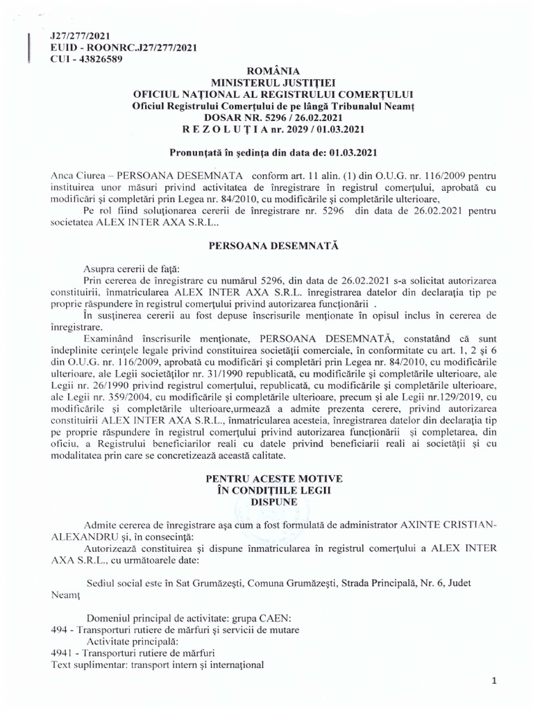 Rezolutie Certificat Constatator Alex Inter Axa | PDF