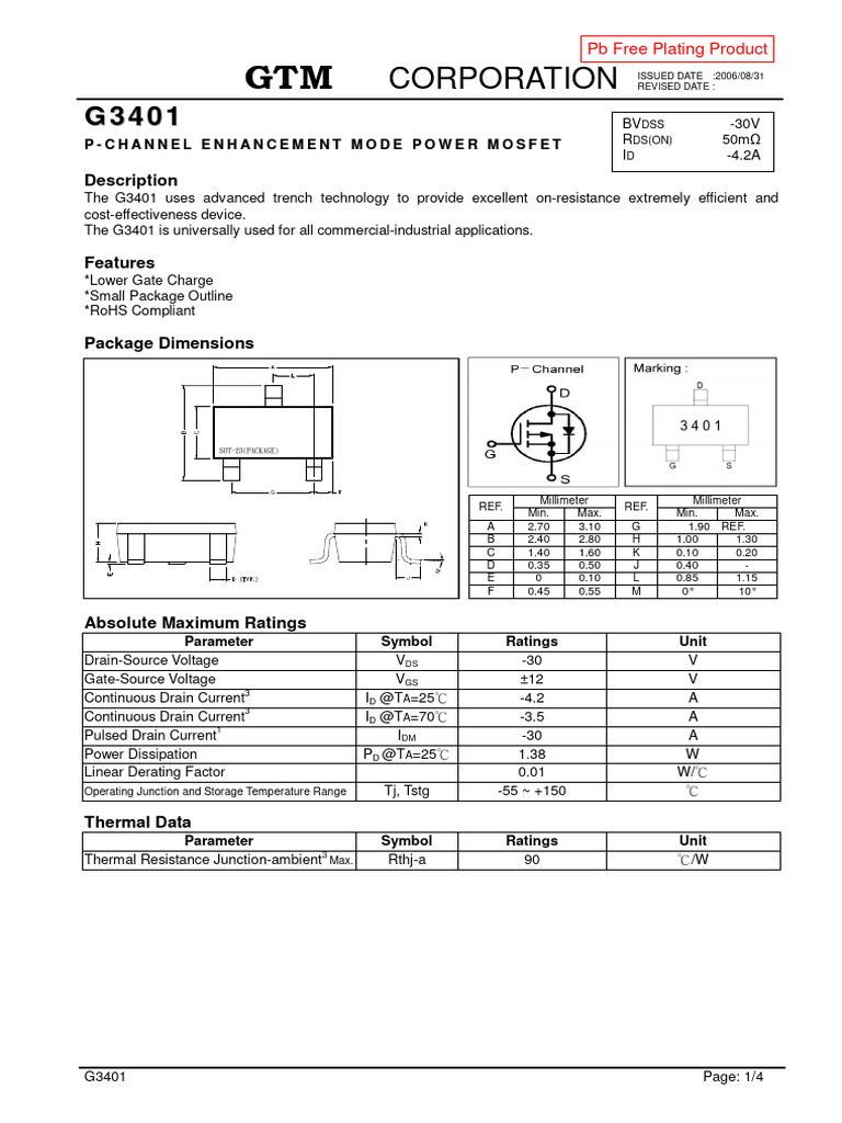 G3401 Power MOSFET Specifications | PDF | Field Effect Transistor | Mosfet