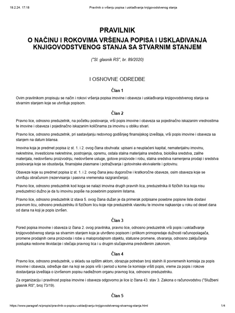 Pravilnik o Vrþenju Popisa I Usklaðivanja Knjigovodstvenog Stanja | PDF