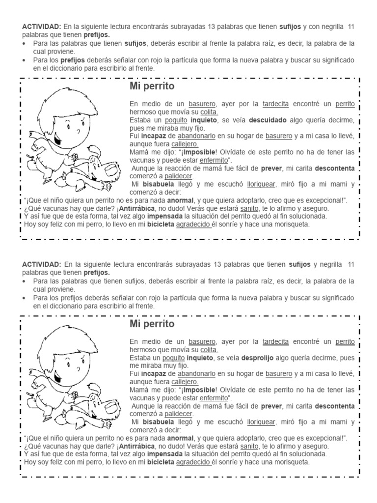 Cuento con prefijos y sufijos subrayados | PDF