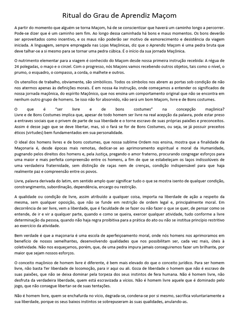 Ritual do Aprendiz Maçom: Instruções e Valores | PDF | Maçonaria | Loja ...