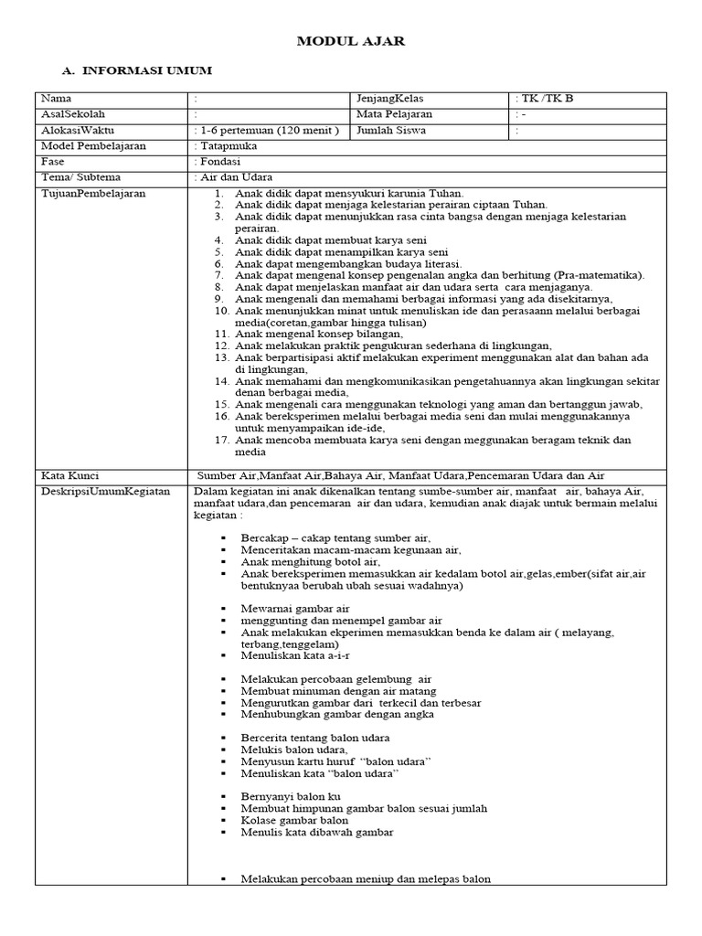 Pembelajaran TK: Air dan Udara | PDF