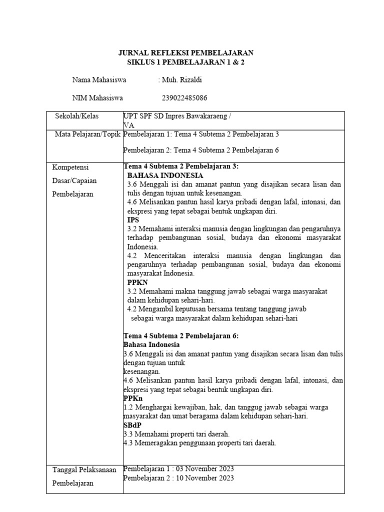 Refleksi Pembelajaran Siswa Kelas VA | PDF | Kesehatan Holistik