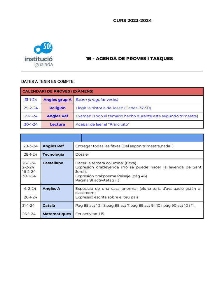 1 Eso B - Agenda D'examens I Deures | PDF