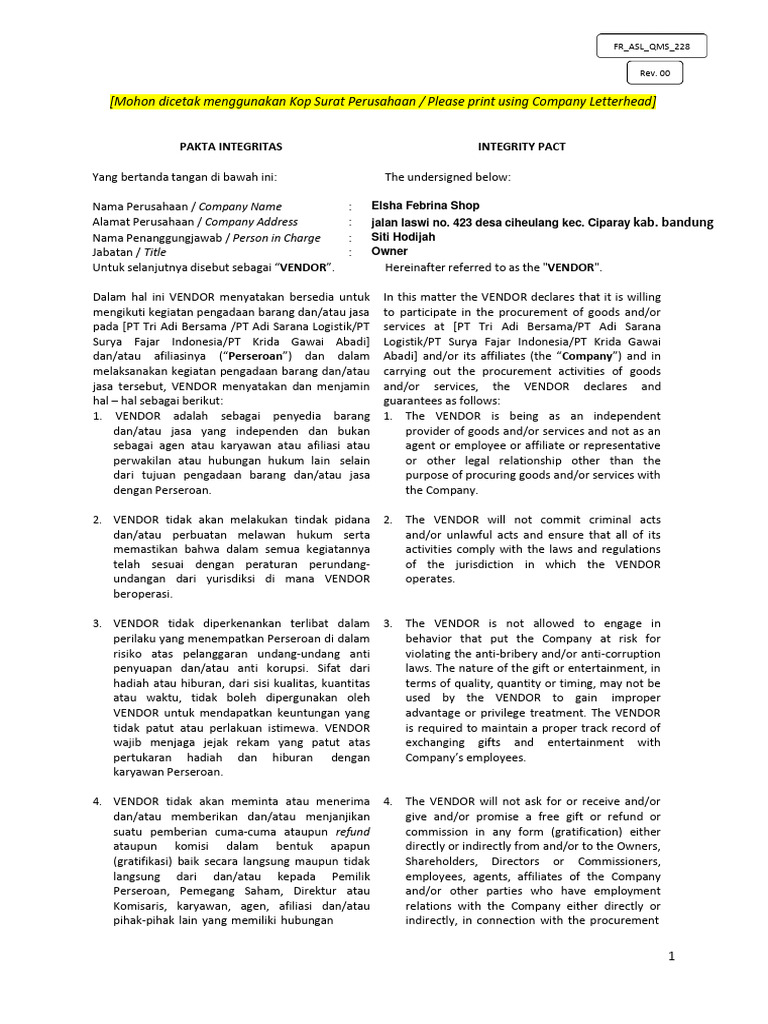 FR - ASL - QMS - 228 Form Pakta Integritas Vendor (8079) | PDF
