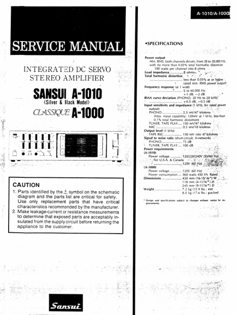 Hfe Sansui A-1000 1010 Schematic | PDF