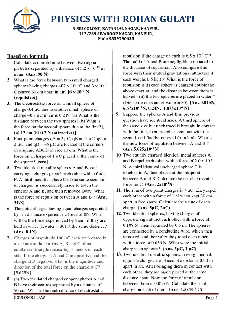 Coulombs Law Class 12 Sheet | PDF | Force | Electric Charge
