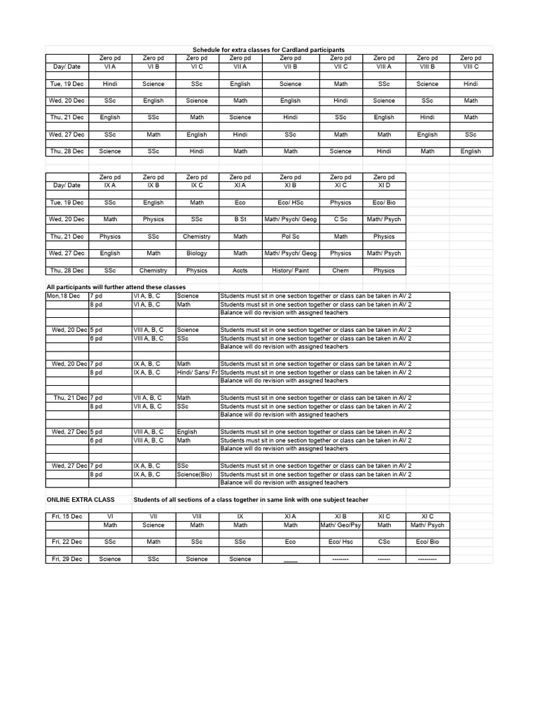 Schedule For Extra Classes For Cardland Participants - Sheet1 | PDF | Secondary Education