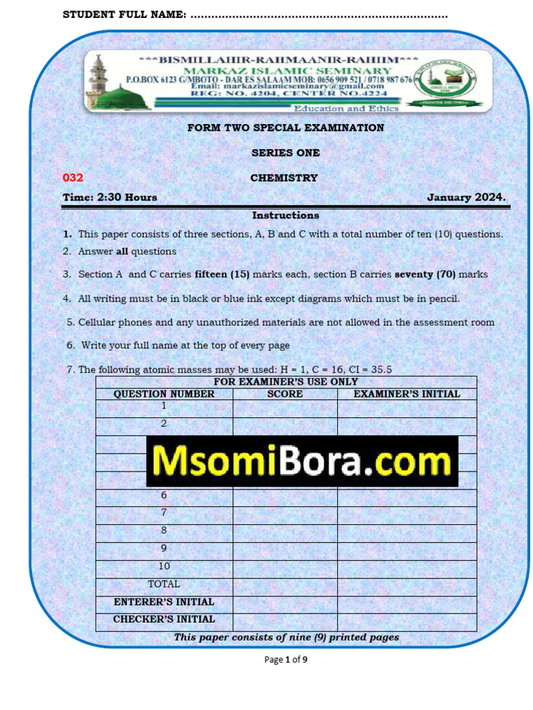 f2 Chemistry Series One Jan 2024 | PDF | Physical Sciences | Chemical ...