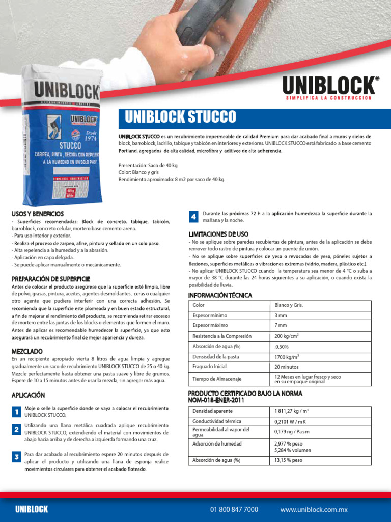 Estuco Uniblock: Rendimiento y Precio | PDF | Pintar | Agua