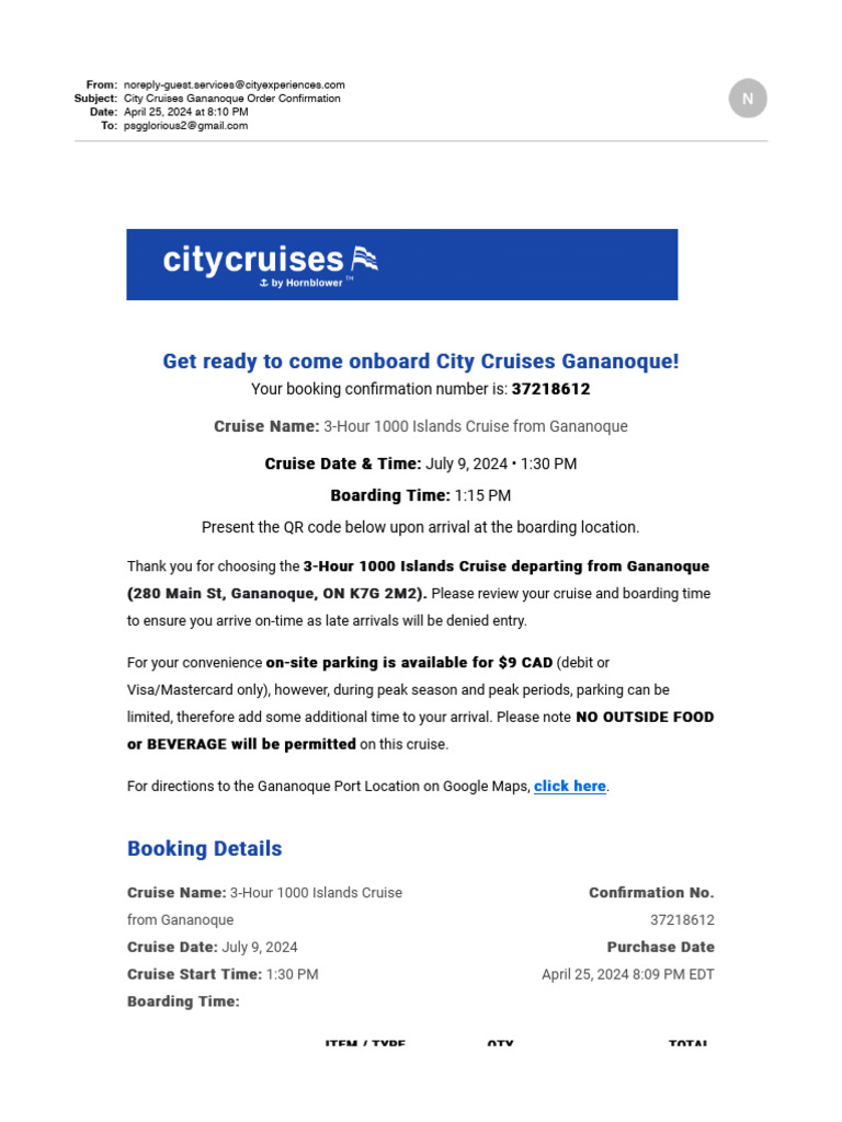 City Cruises Gananoque Order Confirmation | PDF | Visa Inc. | Debit Card