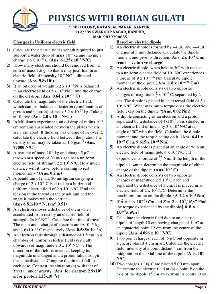 Electric Dipole Sheet Class 12 CBSE | PDF | Electric Field | Dipole