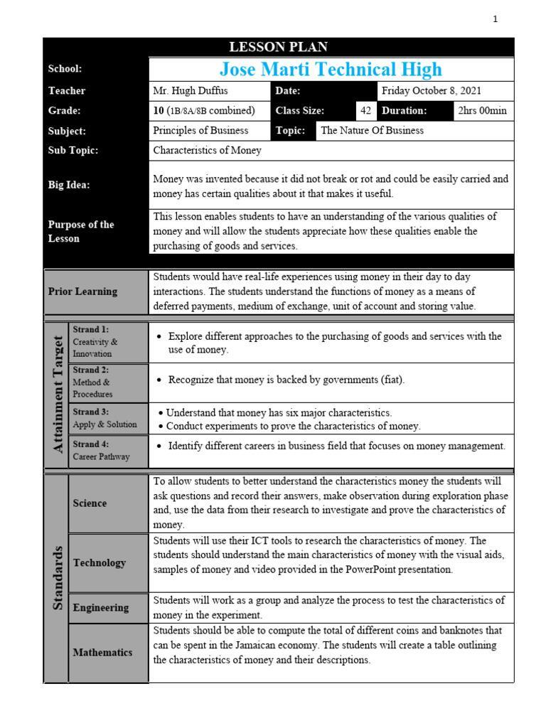Characteristics of Money Lesson Plan | PDF | Money | Teachers