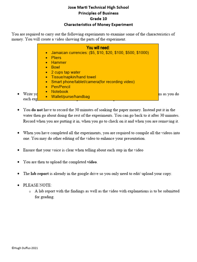 Grade 10 Money Experiment Guide | PDF