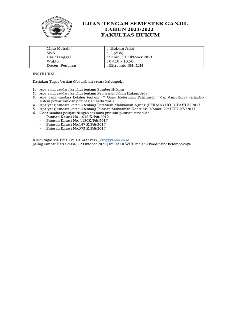 Soal UTS HK Adat 2021 | PDF
