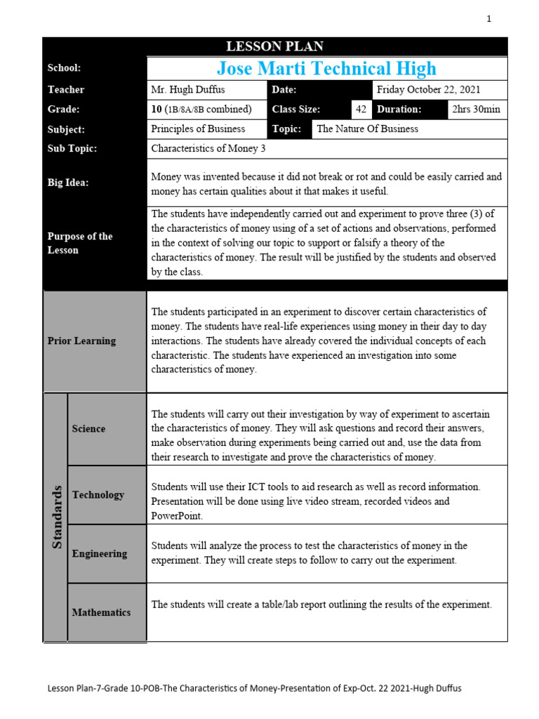 Lesson Plan-7-Grade 10-POB-The Characteristics of Money-Presentation of ...