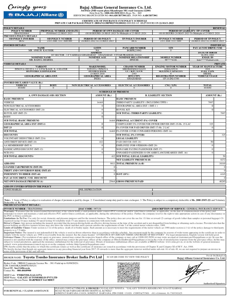Mr. Ankur Kaushik Policy 2023-2024 | PDF | Insurance | Deductible