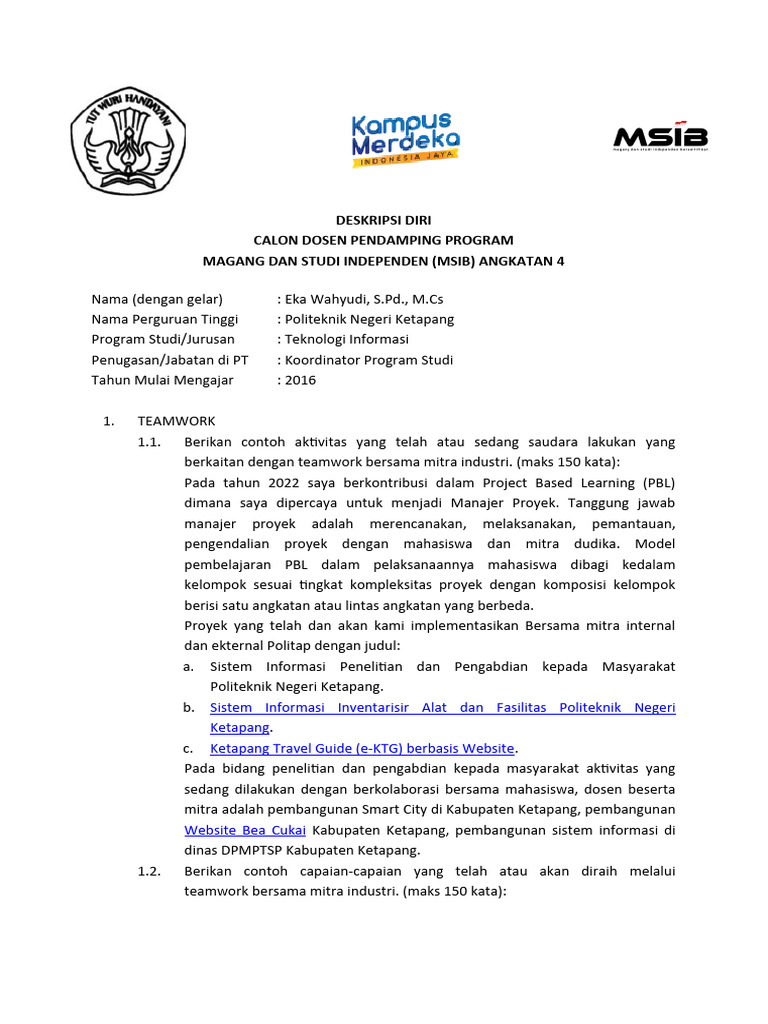 Diskripsi Diri DPP MSIB Angkatan 4 - Eka Wahyudi | PDF