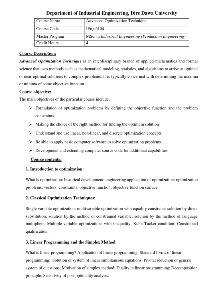 Course Outline Optimization Technique | PDF | Mathematical Optimization | Linear Programming