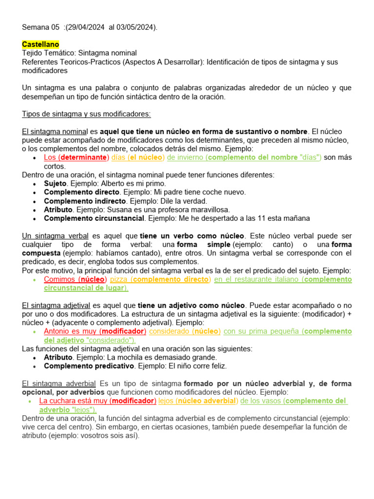 Castellano Semana 05 Primer Año | PDF | Adverbio | Predicado (Gramática)