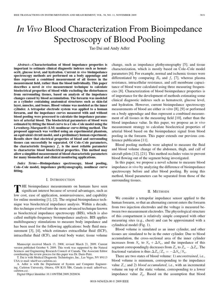 In Vivo Blood Characterization From Bioimpedance | PDF | Electrical Impedance | Capacitor