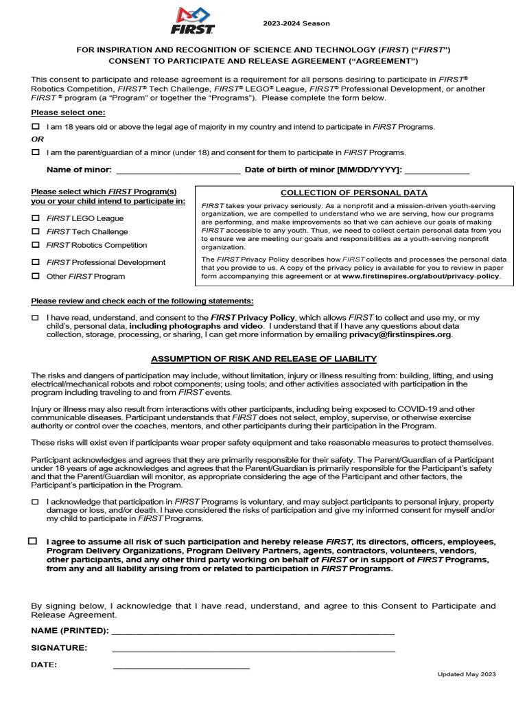 2023-24 FIRST Consent and Release Form | Download Free PDF | Safety | Risk