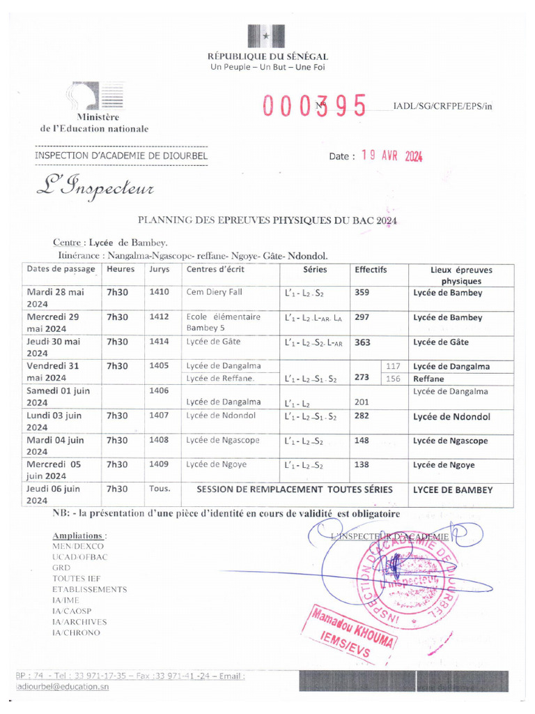 Planning EPS BAC 2024 Diourbel | PDF
