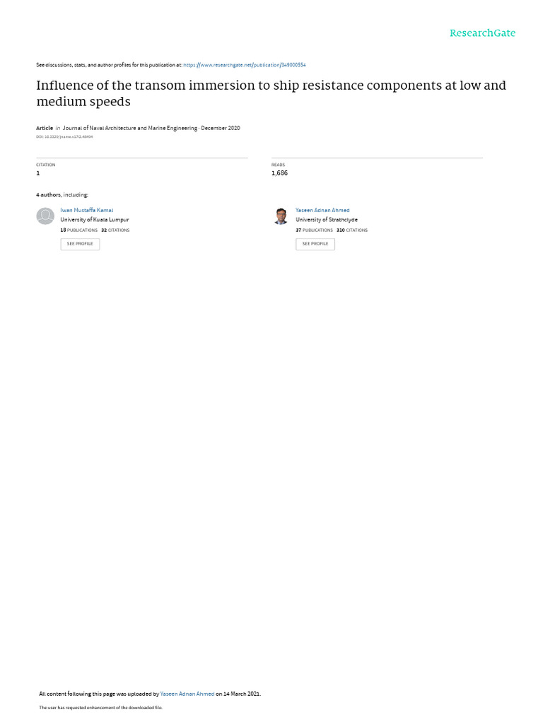 Influence of The Transom Immersion To Ship Resistance Components at Low ...