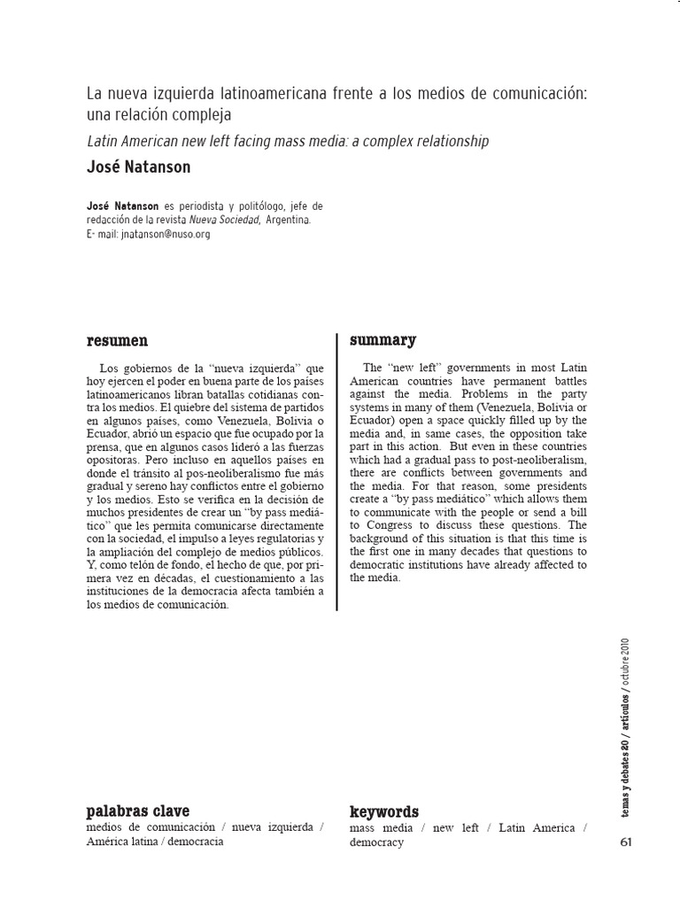 Jose Natanson (2010) - La Nueva Izquierda Latinoamericana Frente A Los ...