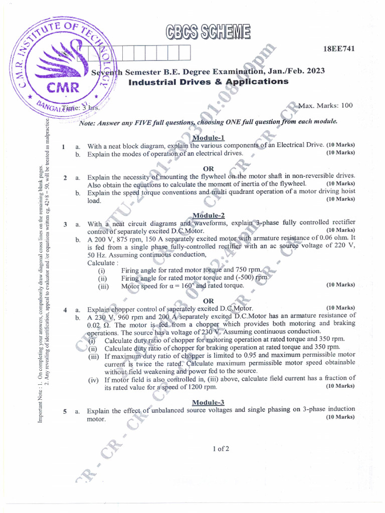 VTU Question Paper of 18EE741 Industrial Drives and Application Jan-Feb ...