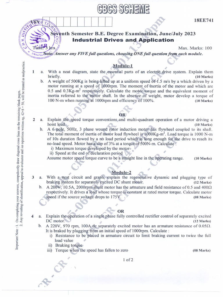 VTU Question Paper of 18EE741 Industrial Drives and Application June ...