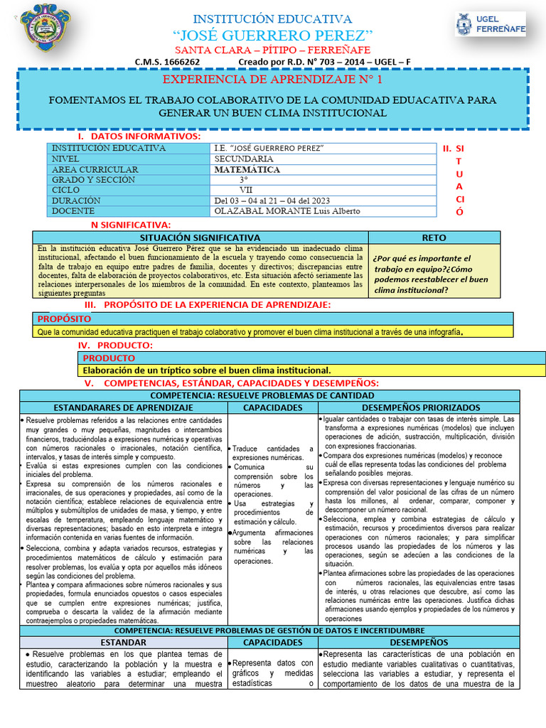 PLANIFICADOR DE LA EXPERIENCIA 1 - 3° | PDF | Números | Aprendizaje