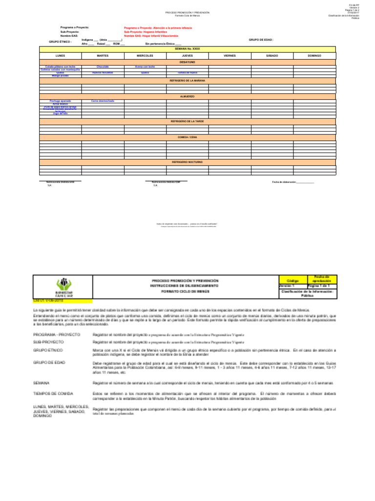 F2.G6.PP Formato Ciclo de Menus v2 | PDF | Cocina | Alimentos