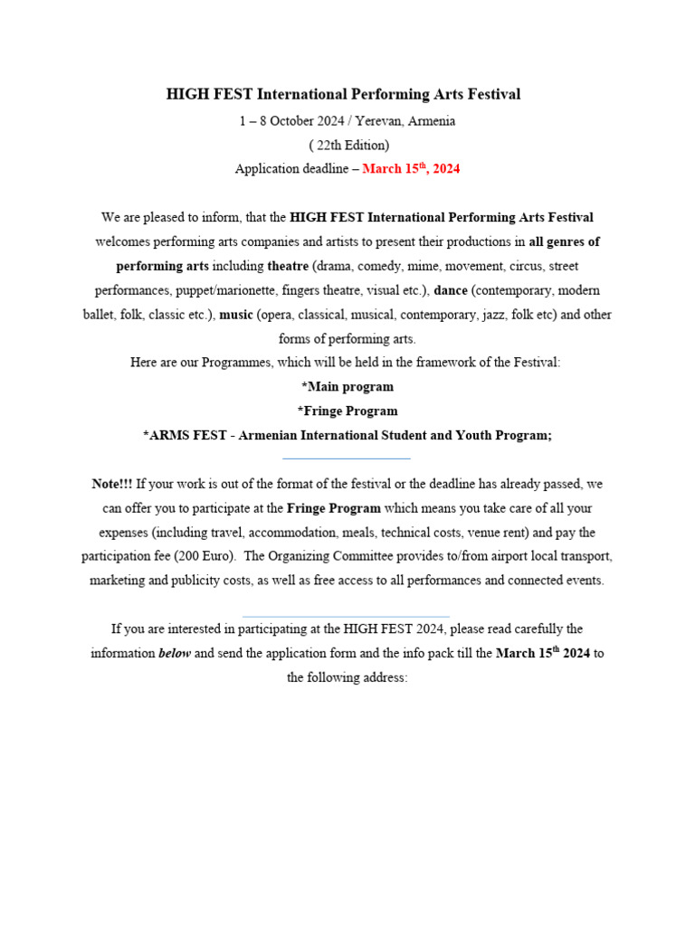HIGH FEST 2024: Apply for Performing Arts | PDF | Performing Arts ...