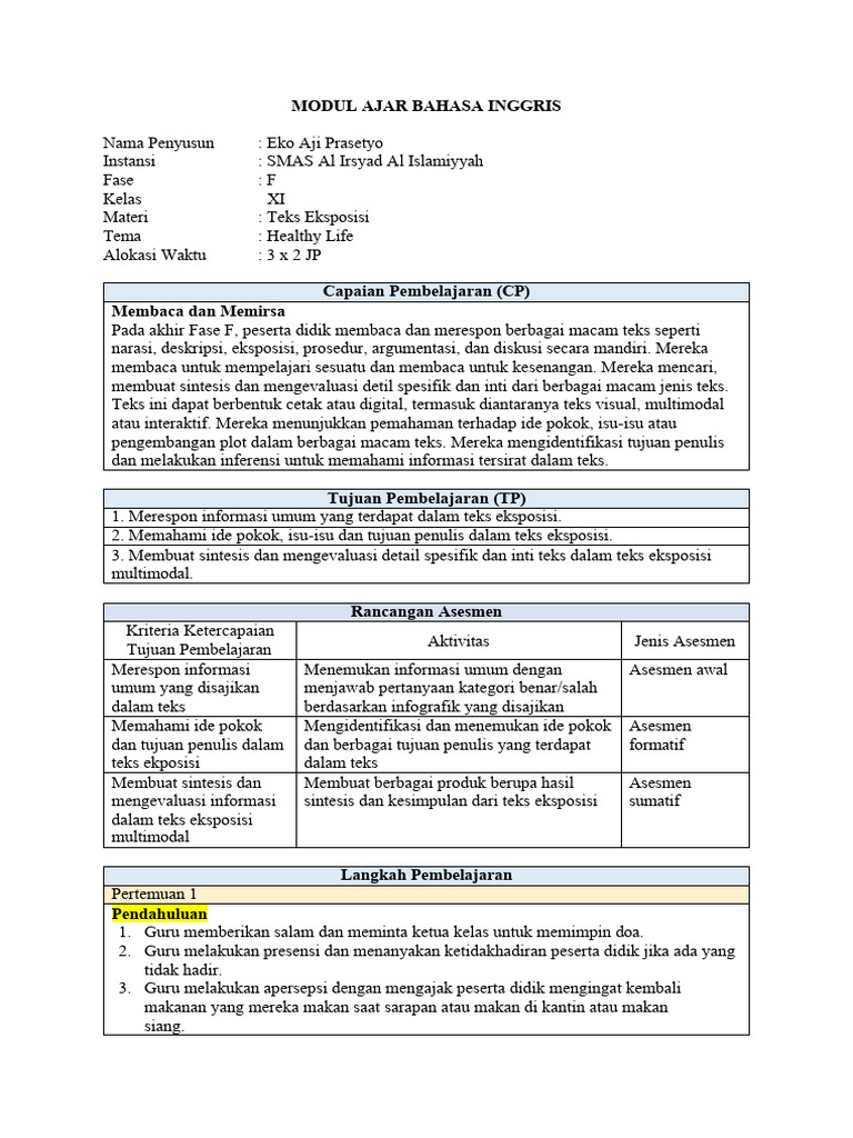 Modul Ajar Eksposisi Kelas XI | PDF | Kesehatan Holistik