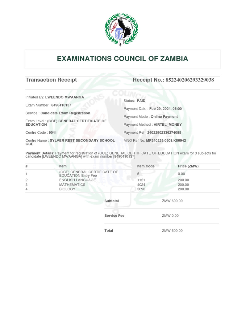 GCE Exam Registration Receipt - Zambia | PDF