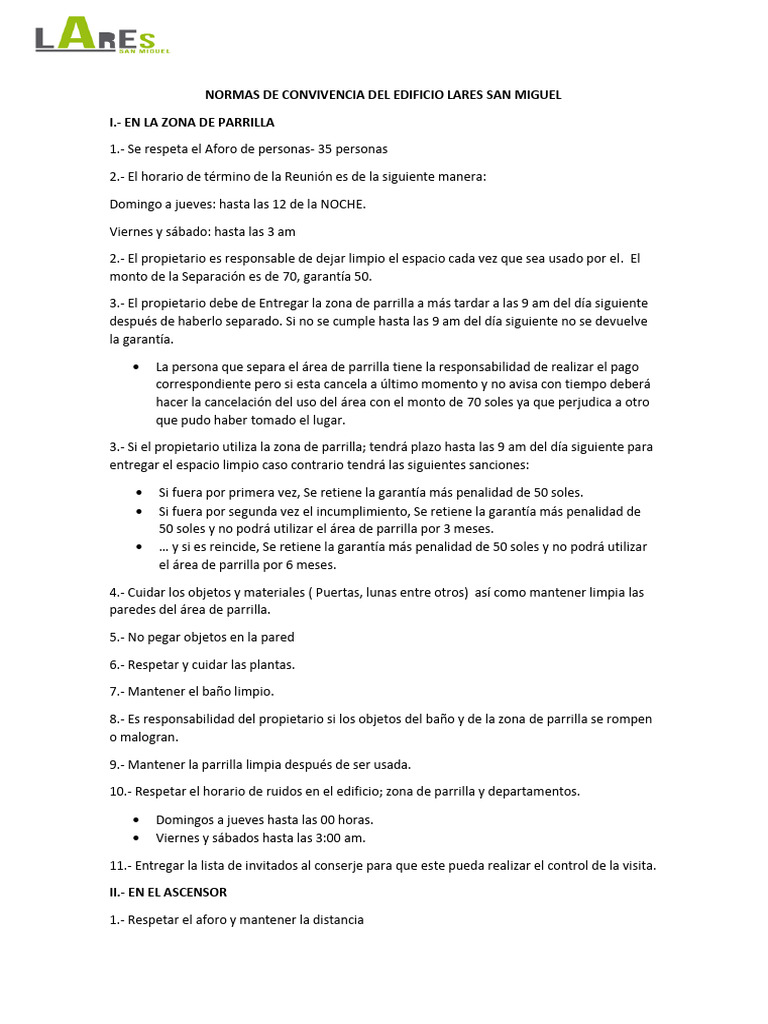 Normas de Convivencia Edificio Lares San Miguel | PDF
