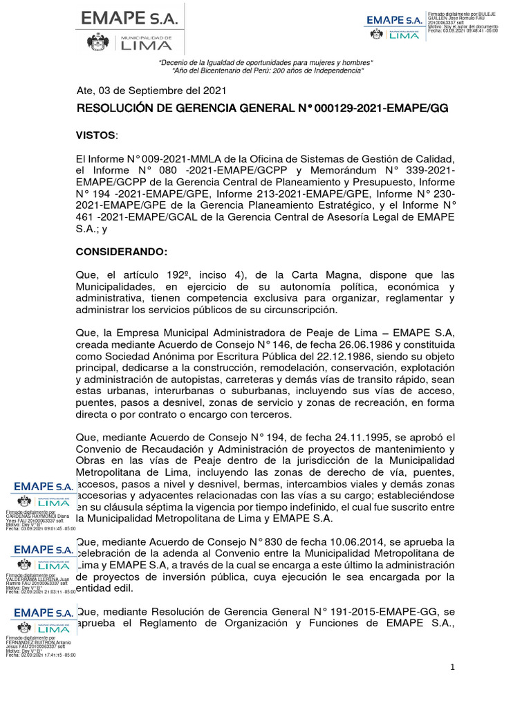 ROF 2021 - Resolución #129-2021-EMAPE-GG | PDF | Derecho laboral | Lima