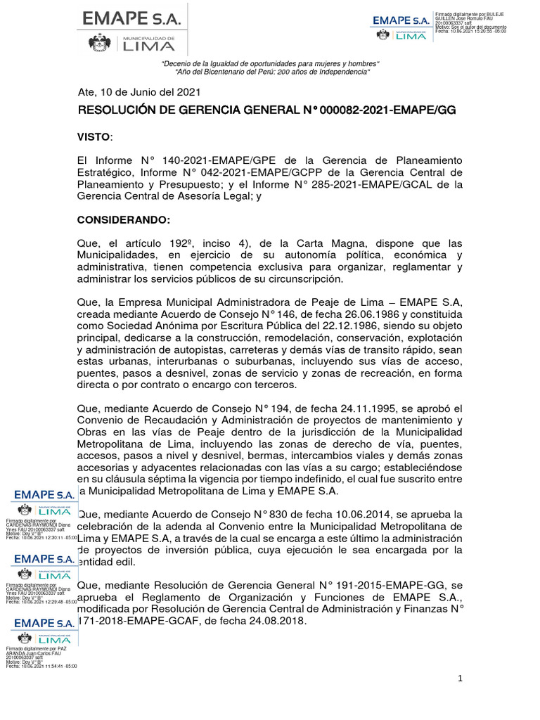ROF 2021 - Resolución #082-2021-EMAPE-GG | PDF | Business | Gobierno local