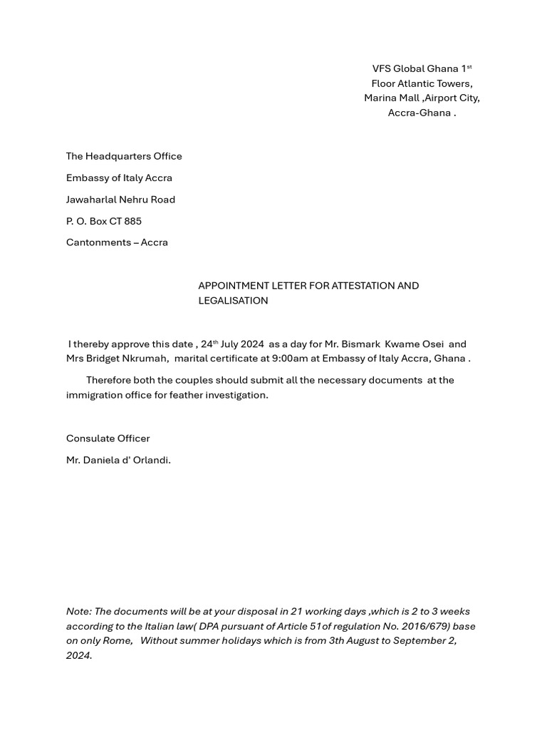 Italy Embassy Accra Attestation Appointment | PDF