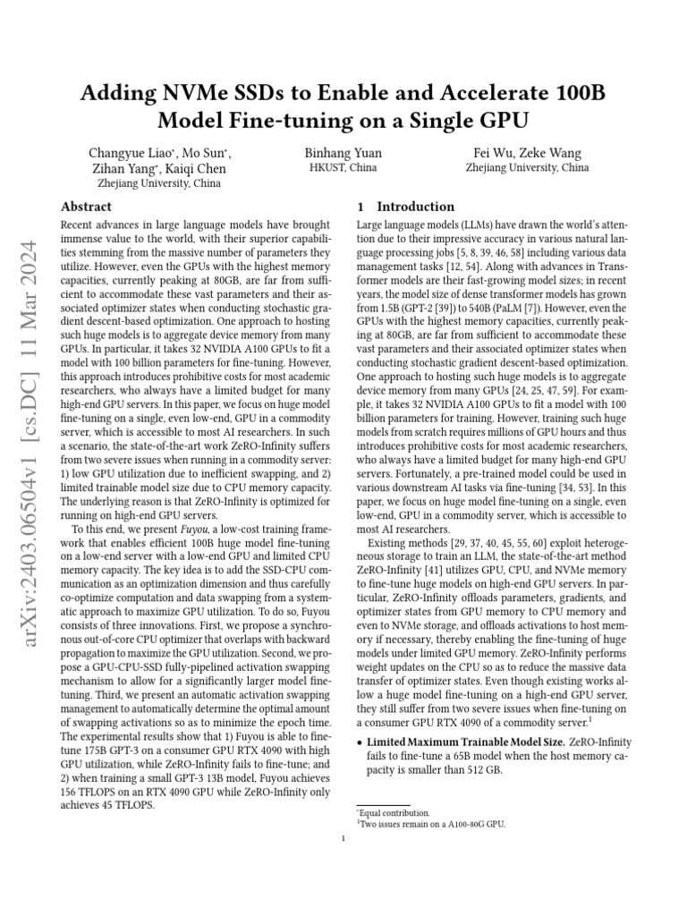 Adding NVMe SSDs to Enable and Accelerate 100B Model Fine-tuning on a ...