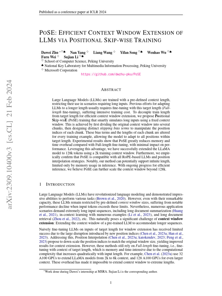 Pose Efficient Context Window Extension Of Llms Via Positional Skip Wise Training Pdf 